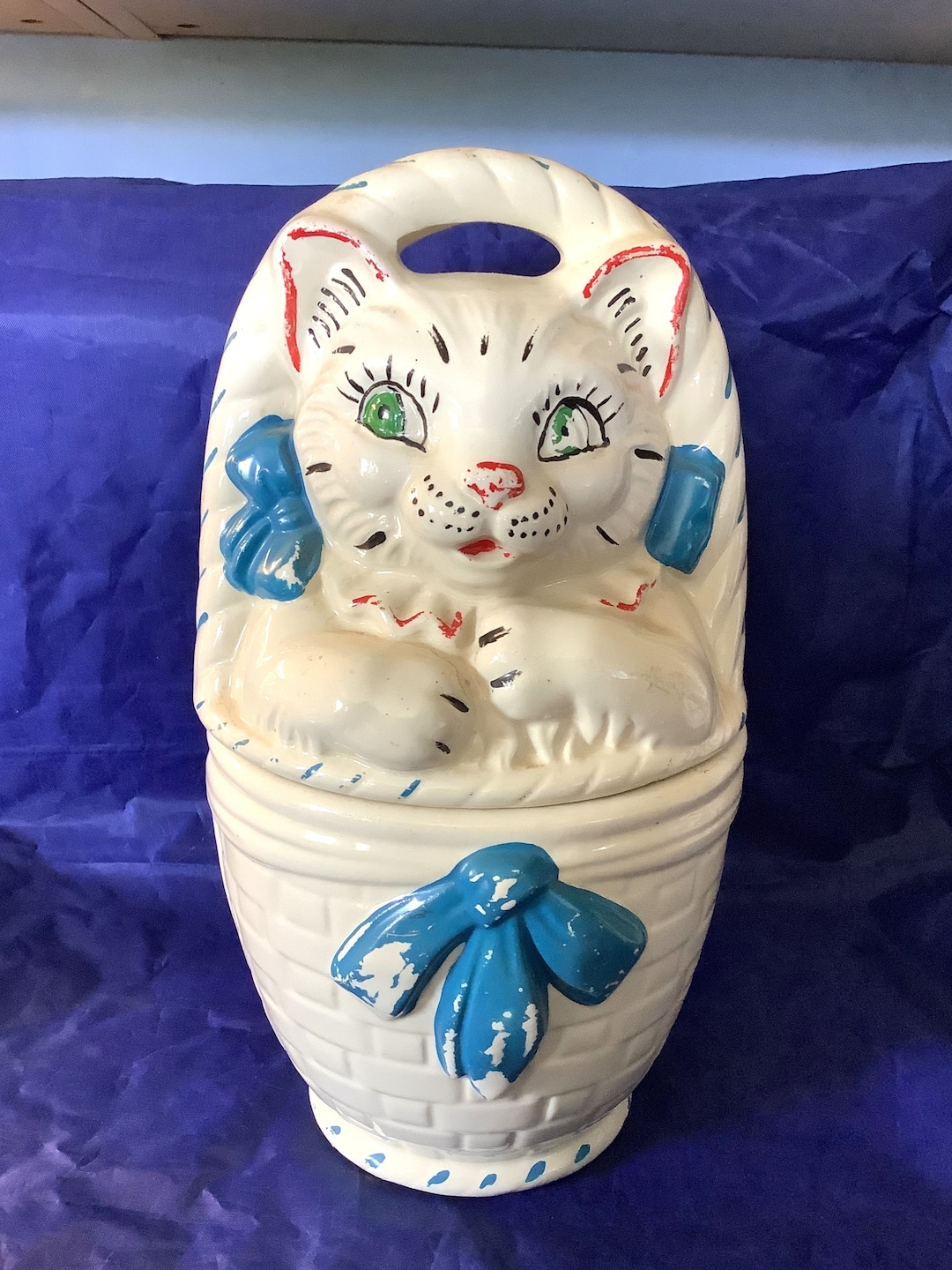 Vintage 1940s Cat in a Basket American Bisque Ceramic Cat Kitten Cookie ...
