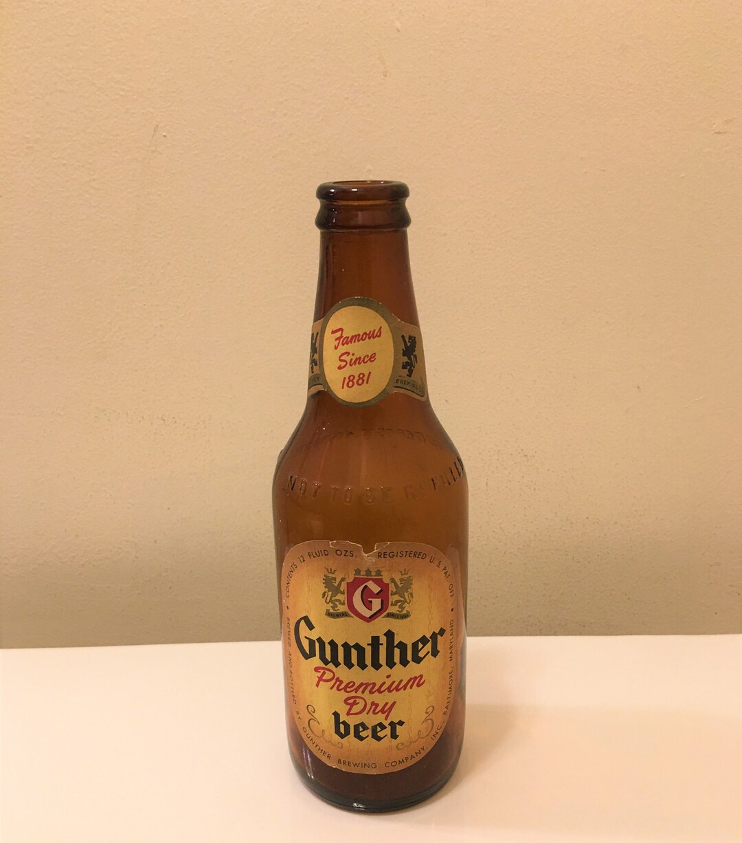 Vintage 1930s Gunthers Beer 12oz Bottle Premium Dry Lager 8 Inch Bottle ...