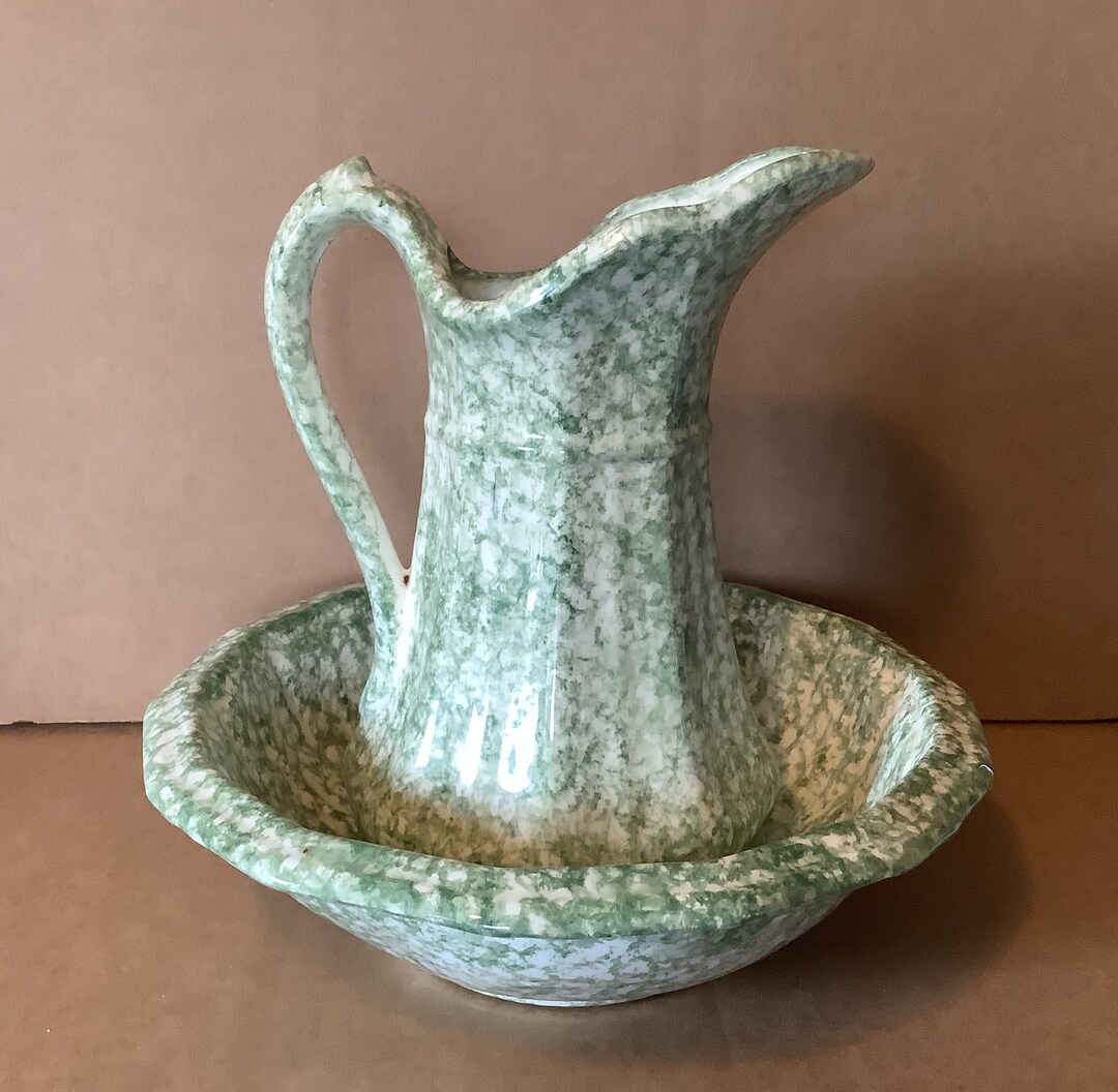 Vintage Beautiful Green Spongeware Pitcher and Bowl Set Both Pieces ...