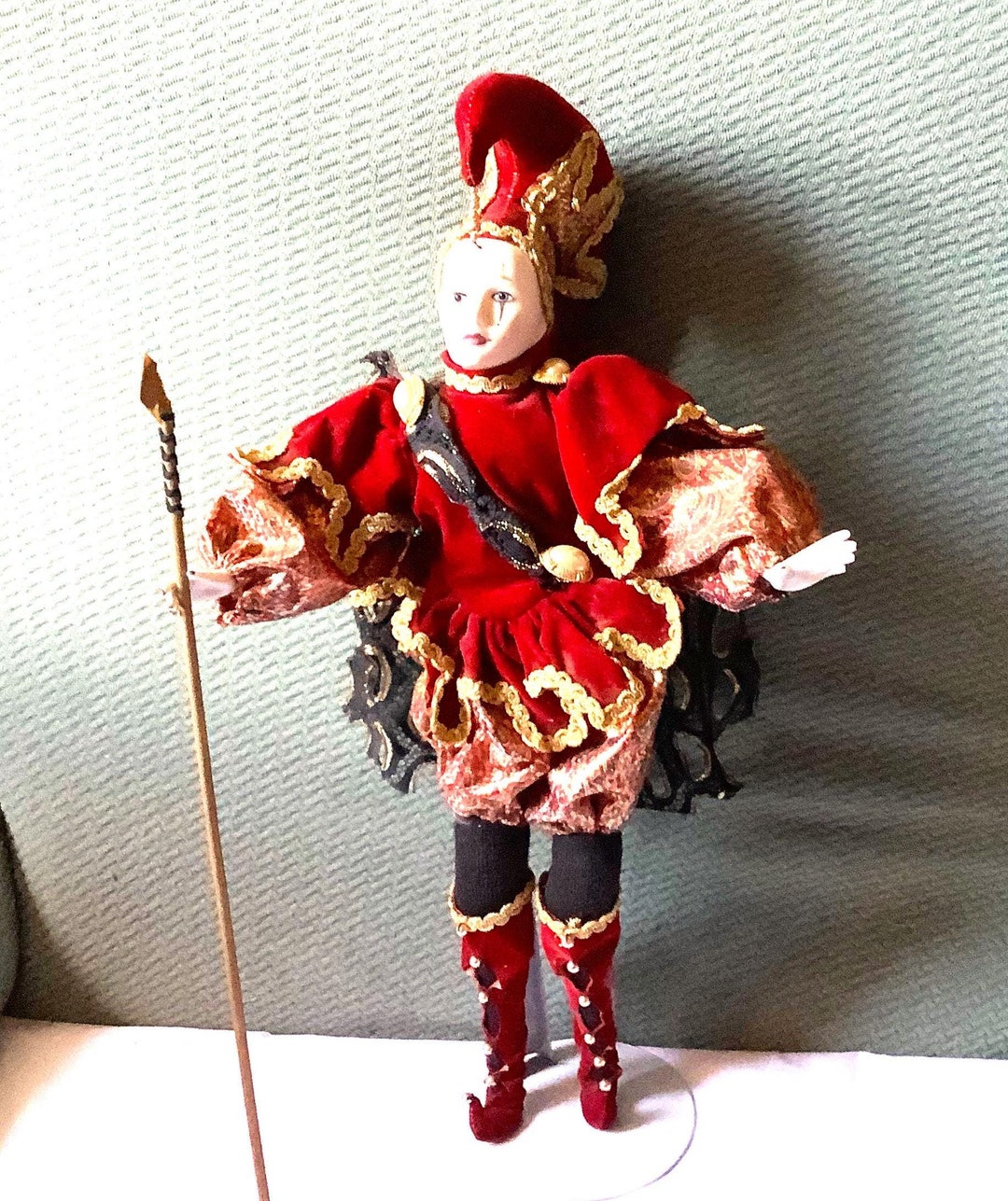 Vintage 20 Inch Tall Porcelain Jester Doll in Red and Gold Outfit and ...