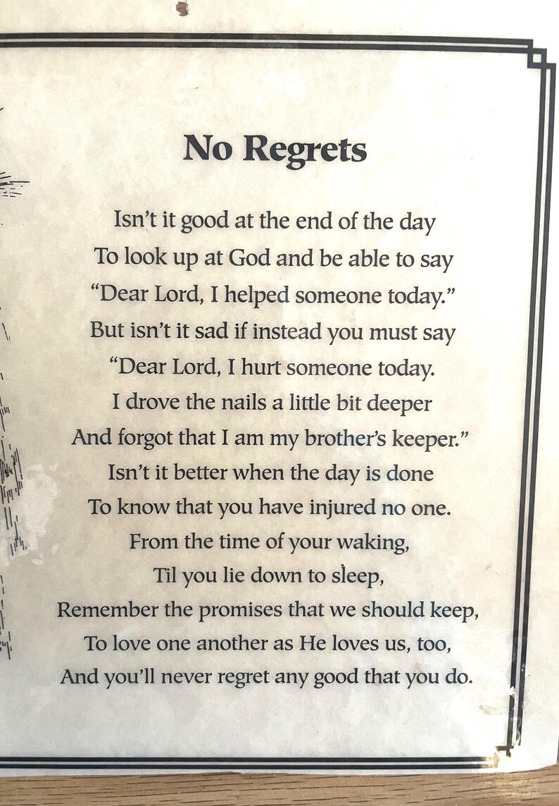 Vintage 8 "x 8 " Laminated Poem " No Regrets " Religous Ispirational ...
