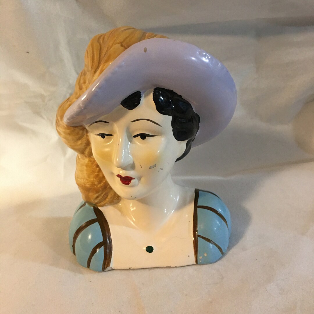 Vintage Ceramic Victorian Lady Head Figurine Wearing Hat With Large ...