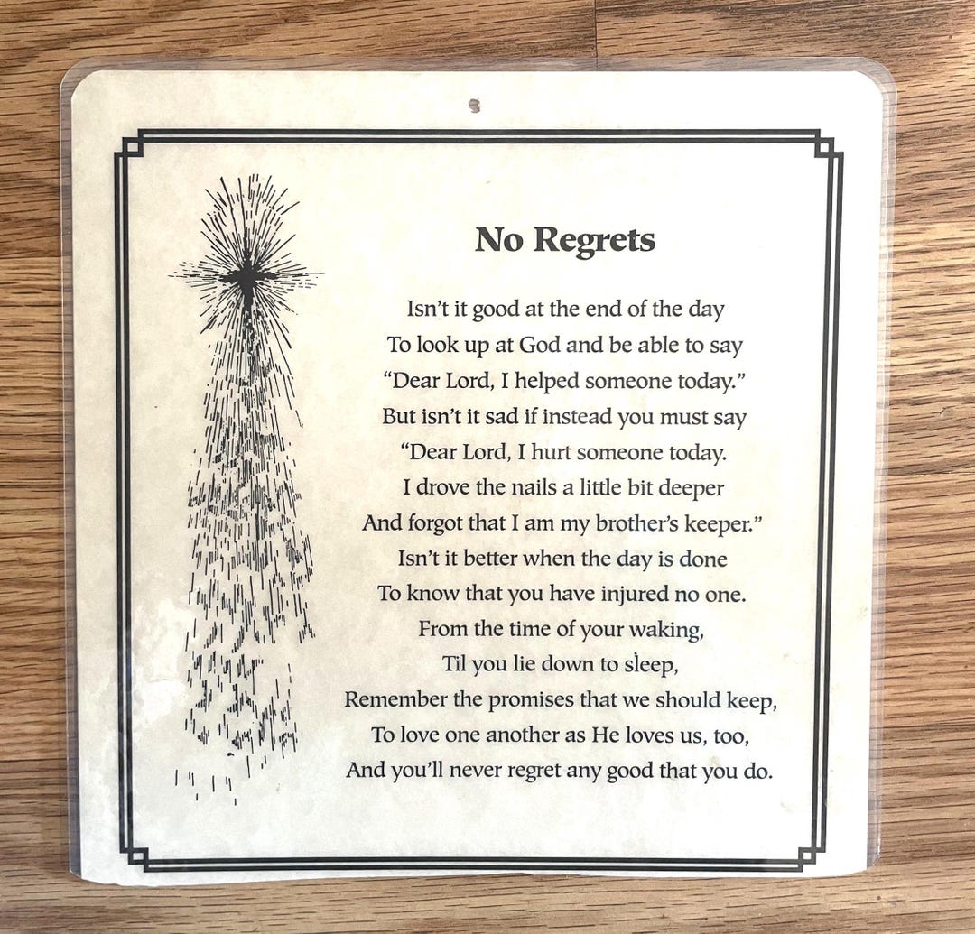 Vintage 8 "x 8 " Laminated Poem " No Regrets " Religous Ispirational ...