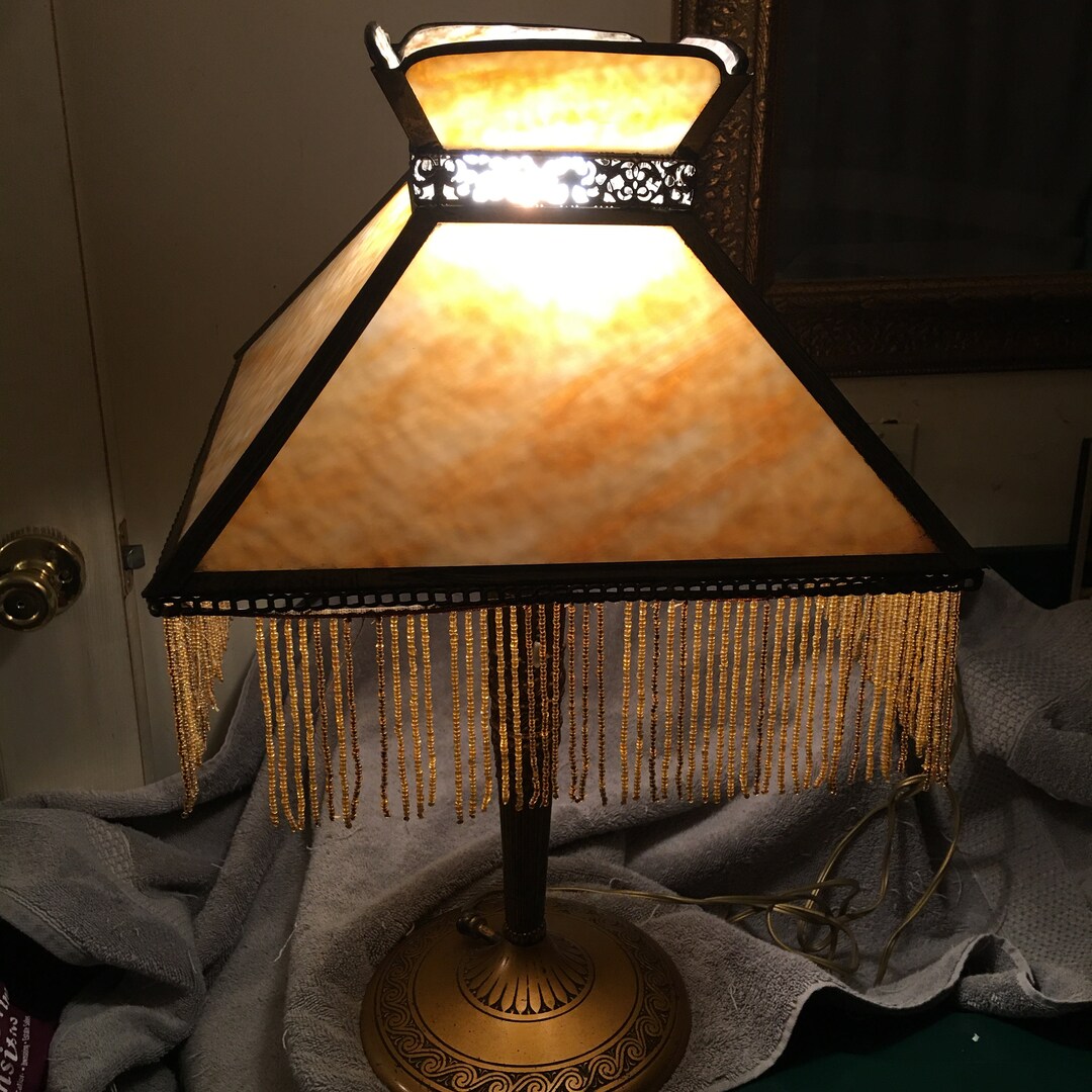 Antique Beautiful Square Shade With Tassles Slag Glass Lamp - Etsy