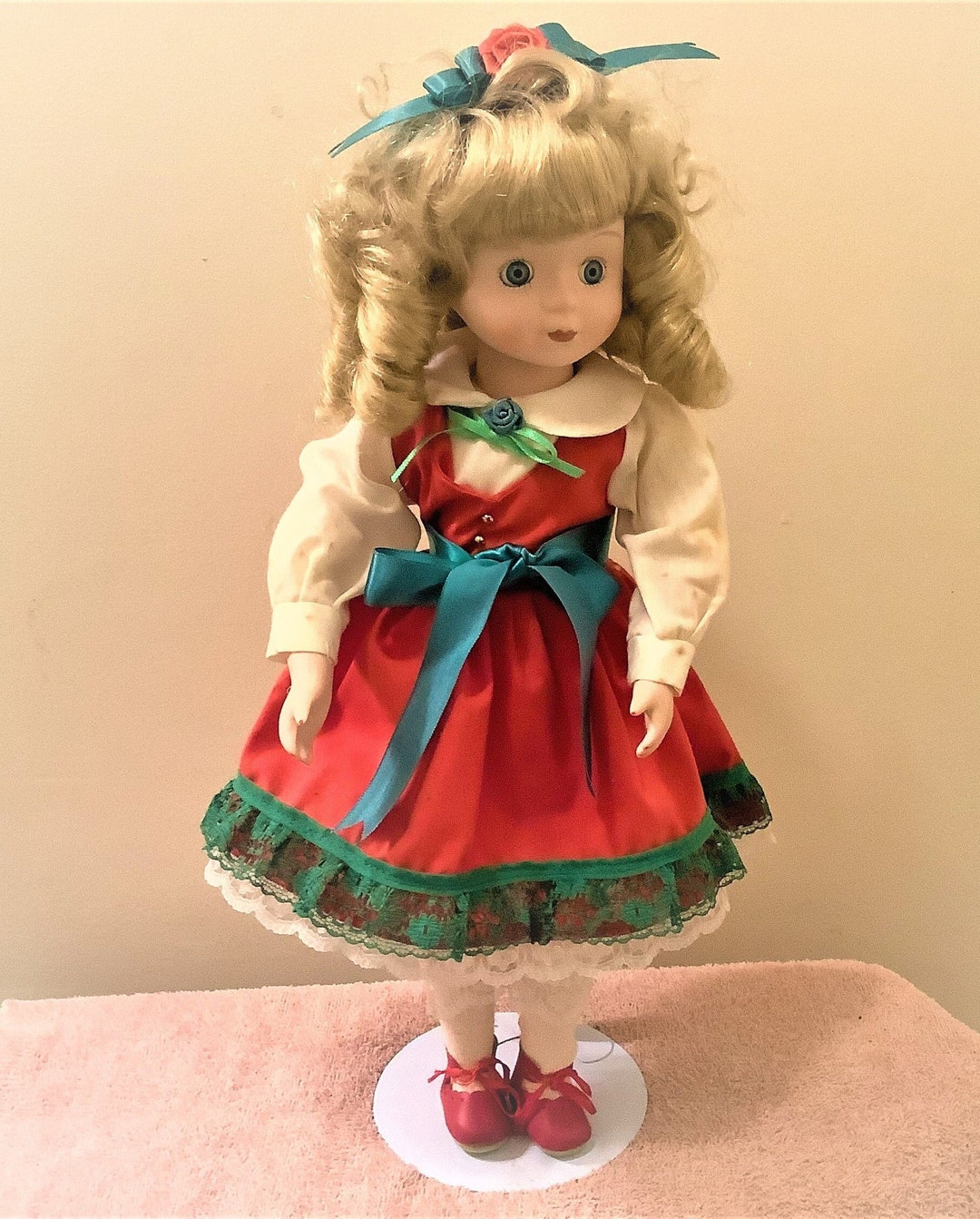 Vintage 16 Inch Tall Porcelain Doll With Stand.dressed in Green and Red ...