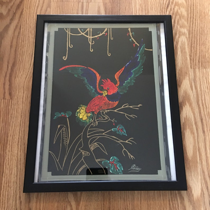 Antique Signed Tinsel Foil Reverse Painting on Glass~ of A Parrot /bird ...