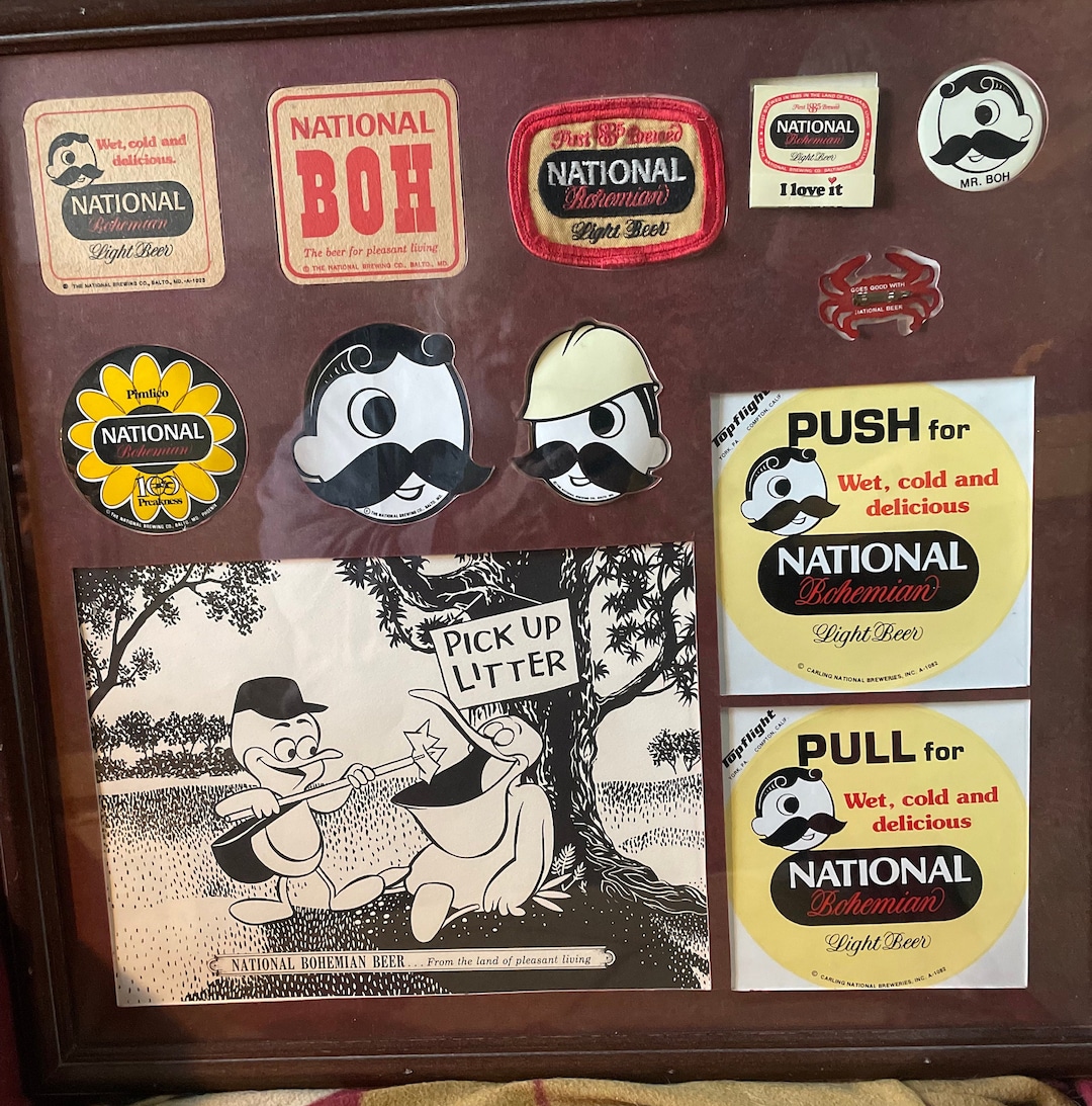 Vintage Framed 21" X 22" Lot of 12 National ( Mr Boh ) Beer Items Under ...