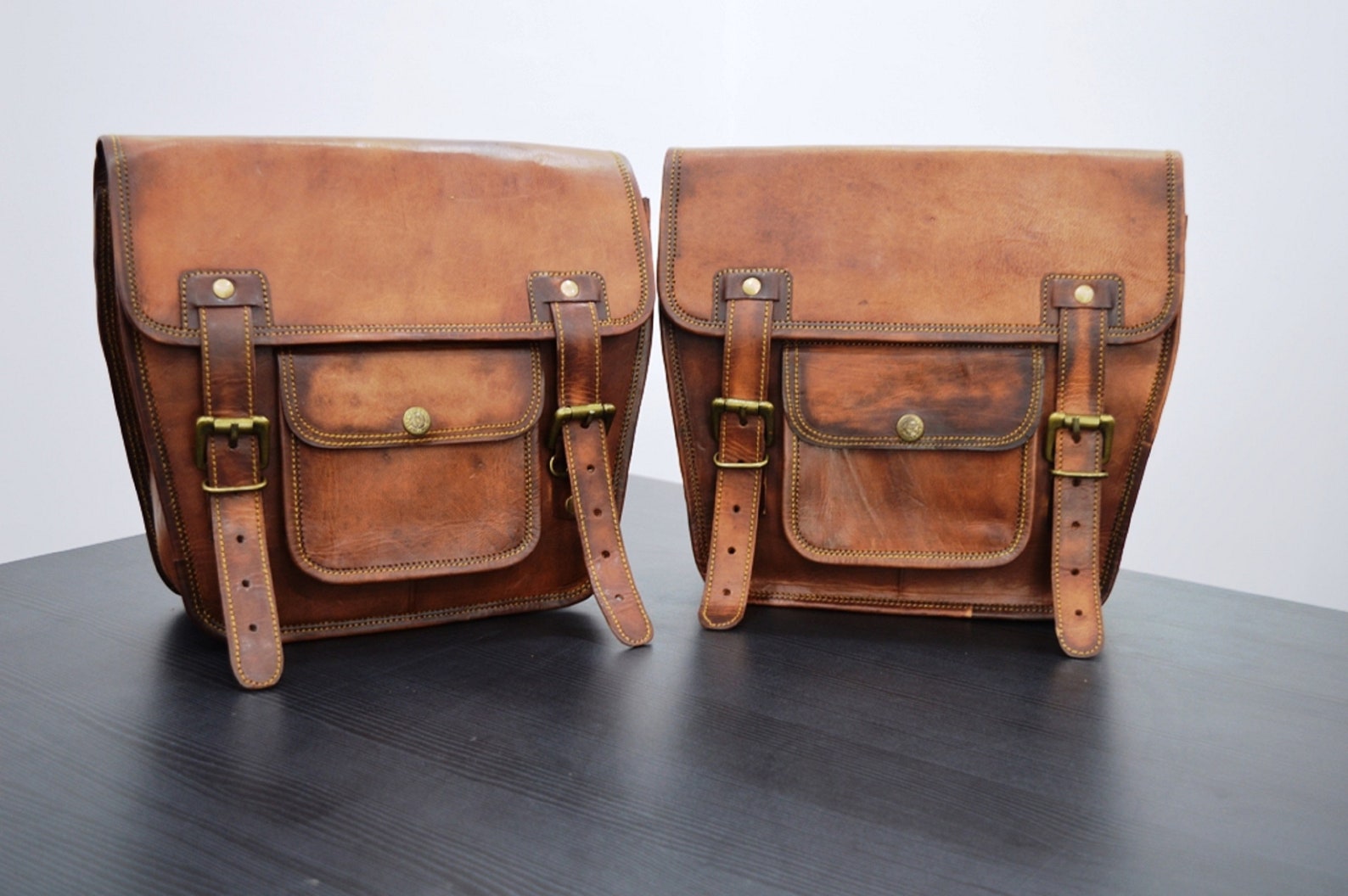 Leather Bike Bag Brown Leather Side Pouch Set of 2 | Etsy