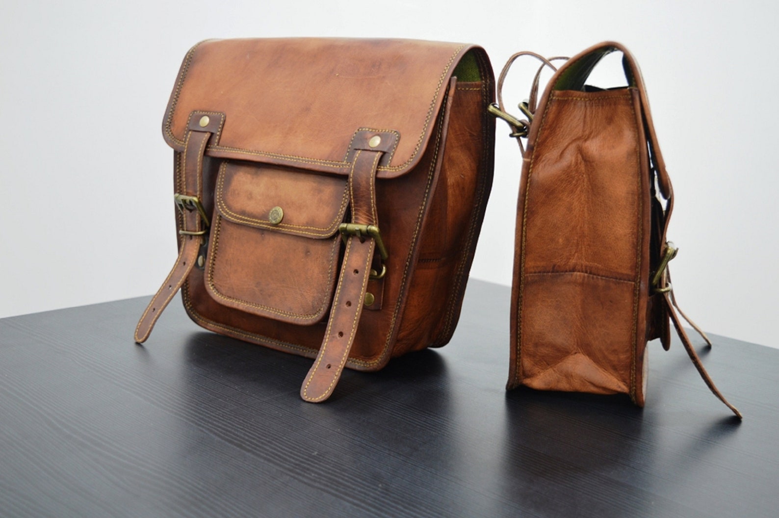 Leather Bike Bag Brown Leather Side Pouch Set of 2 | Etsy