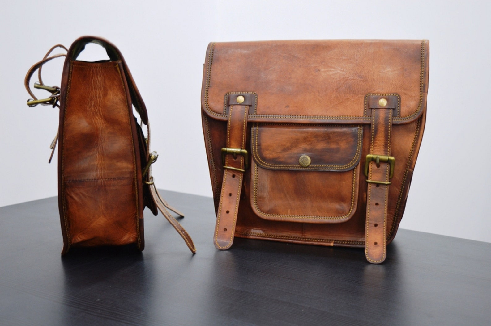 Leather Bike Bag Brown Leather Side Pouch Set of 2 | Etsy