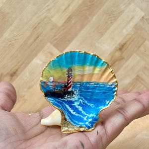 Collectible Hand Painted Lighthouse at Sunset on Seashell - Ready to ...
