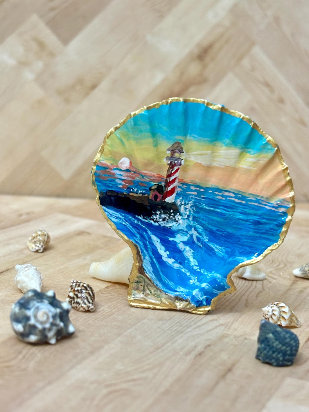 Collectible Hand Painted Lighthouse at Sunset on Seashell - Ready to ...
