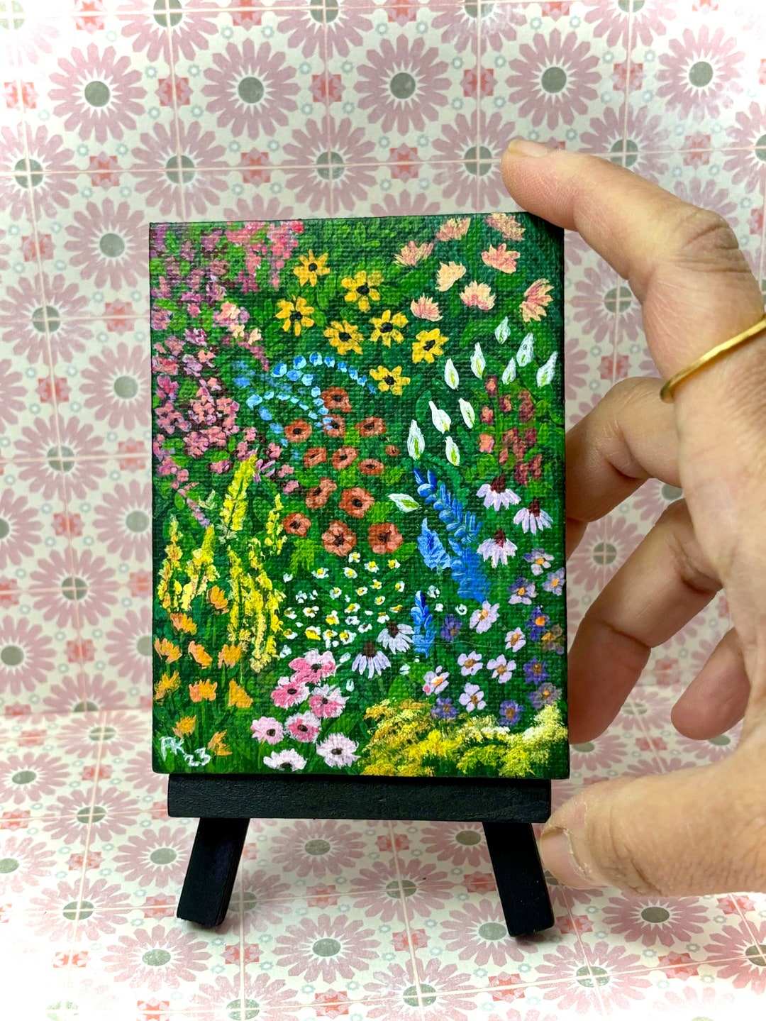 Flower Garden Original Small Acrylic Painting | Free Display Easel ...