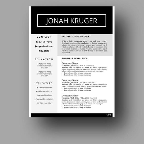 Modern Masculine Resume Template Two Page Cover Letter Etsy