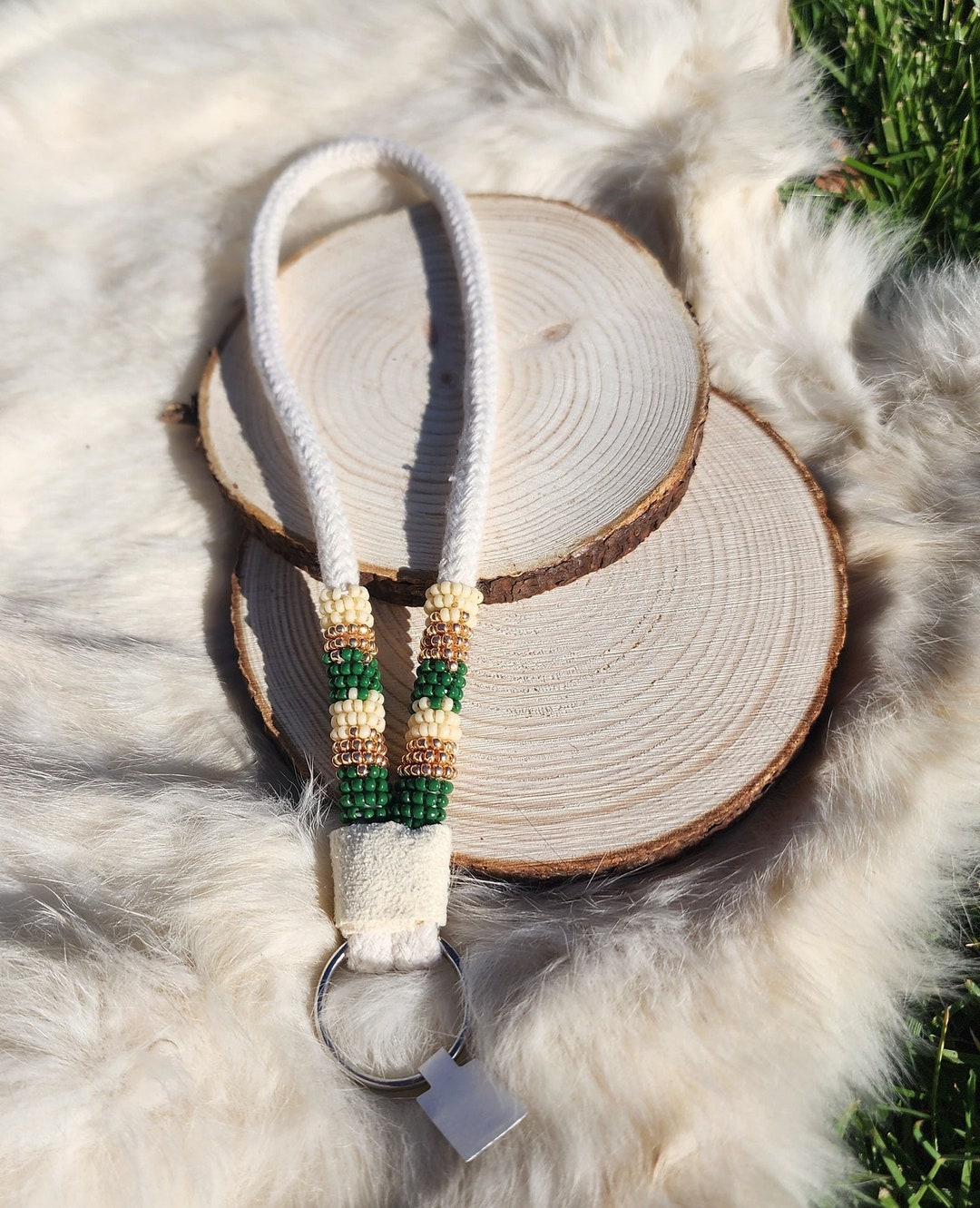 Neutral Beige Green and Gold Beaded Keychain | Beaded Rope Wristlet ...