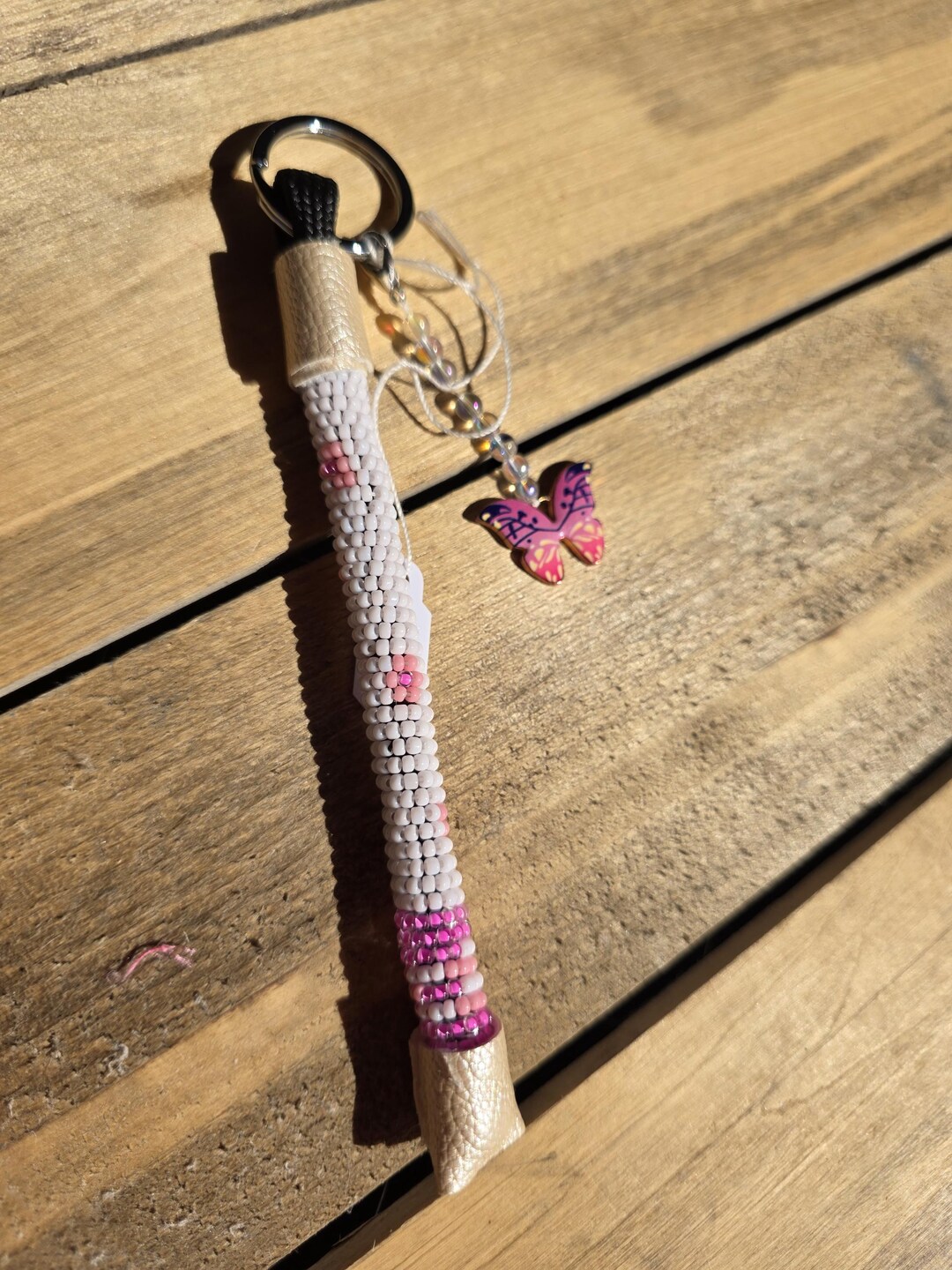 Pink Flower and Butterfly Keychain, Pink Flower and Butterfly Beaded ...