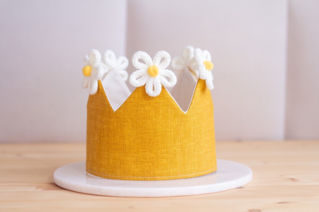 Birthday Fabric Crown Gold Yellow Crown With Knitted Daisy - Etsy