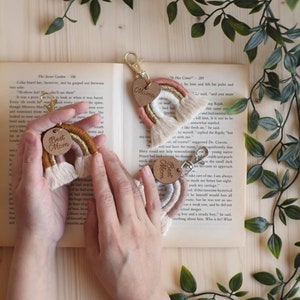 Mini Rainbow Keychain With Laser Engraved Wood Charm, Macrame Rainbow ...