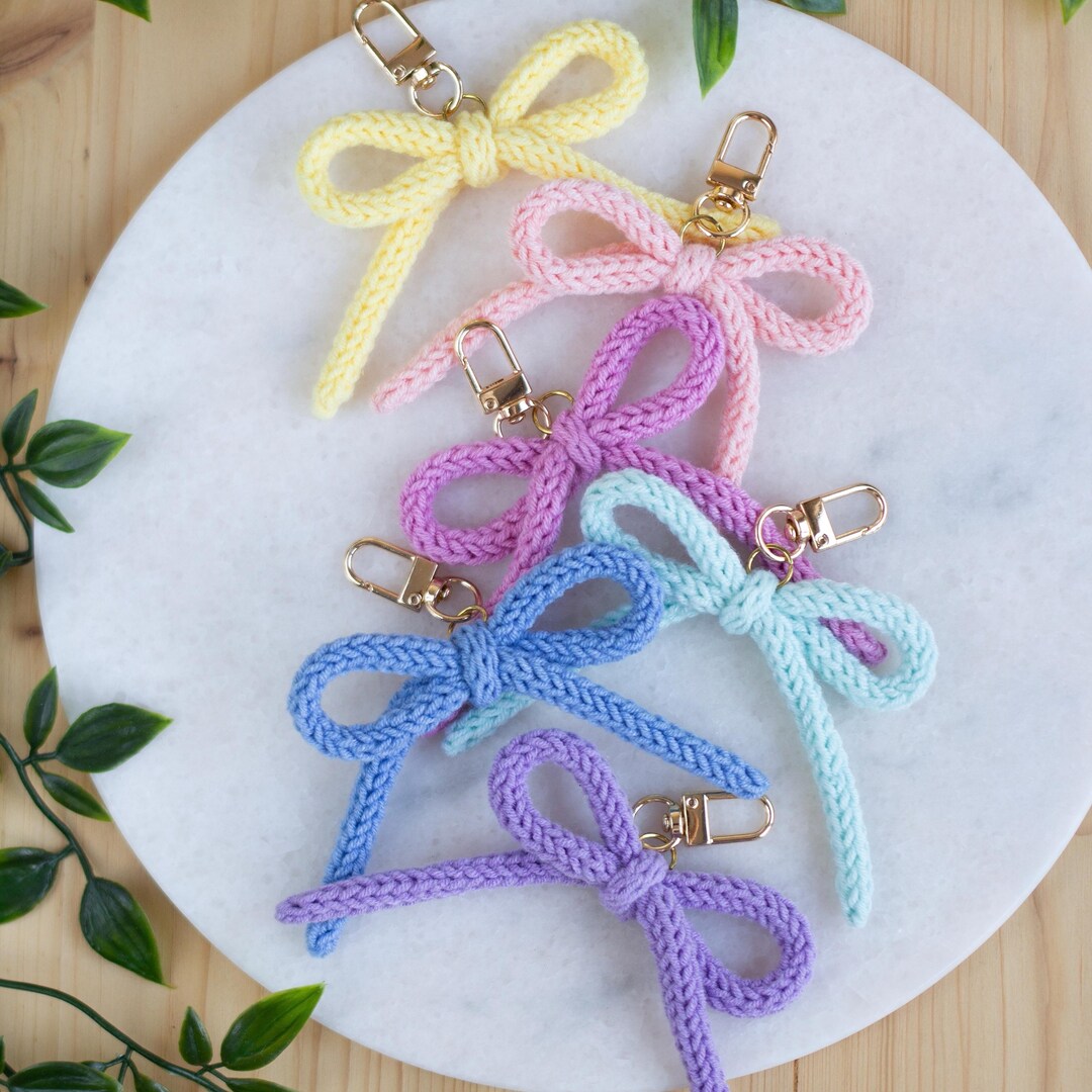 Bow Bag Charm - Knitted Tricotin Bow Keychain - Icord Bow Keyring ...