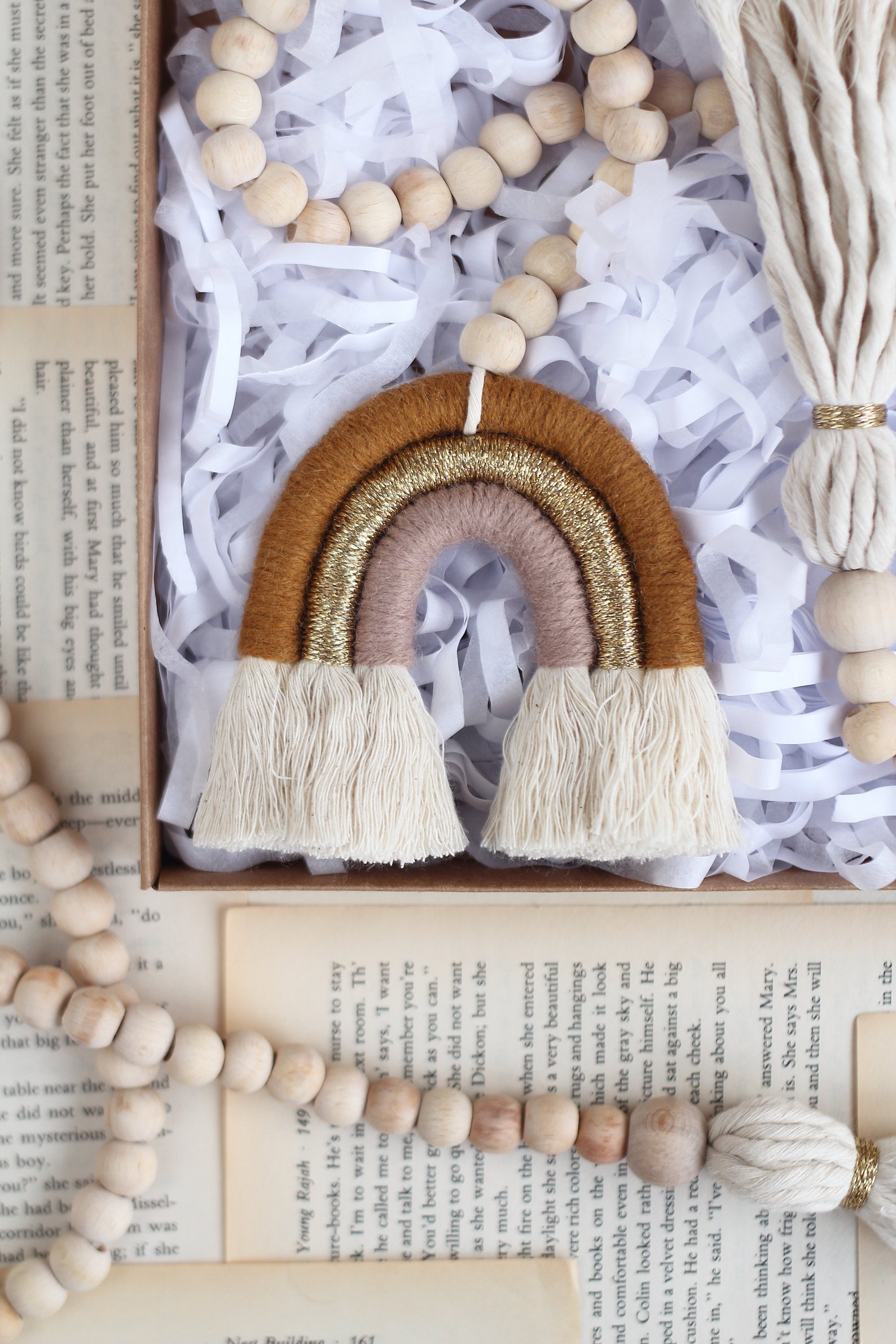 Natural Wood Bead Tassel Garland With Macrame Rainbow, Farmhouse Wall ...