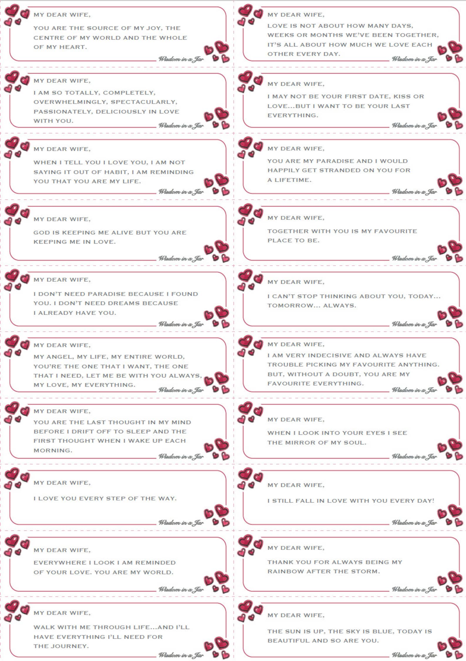 PRINTABLE Love Notes to My Wife - 365 Messages Quotes, 12 Jar Labels ...
