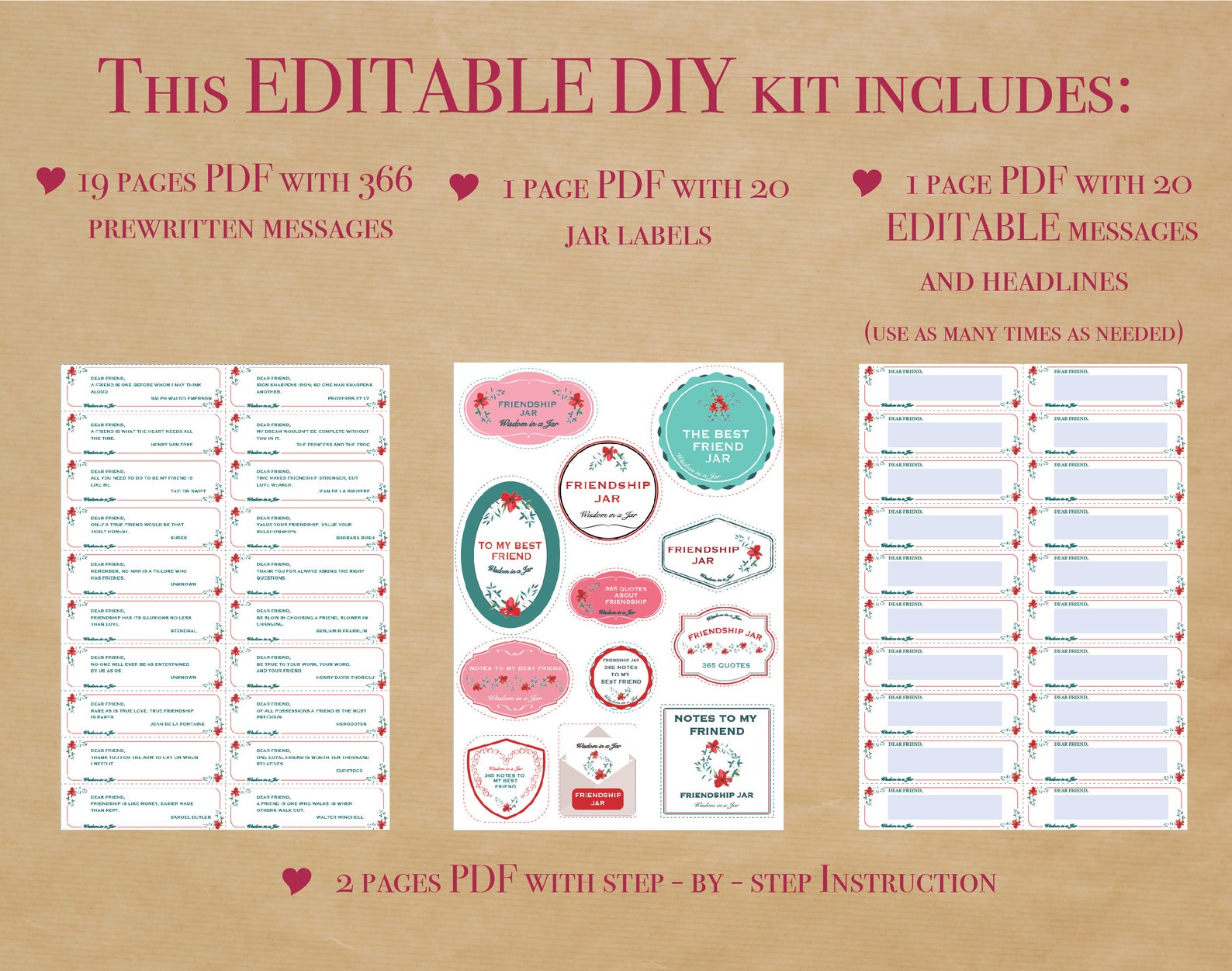PRINTABLE 365 Quotes for Friendship Jar, Message to Best Friend, DIY ...