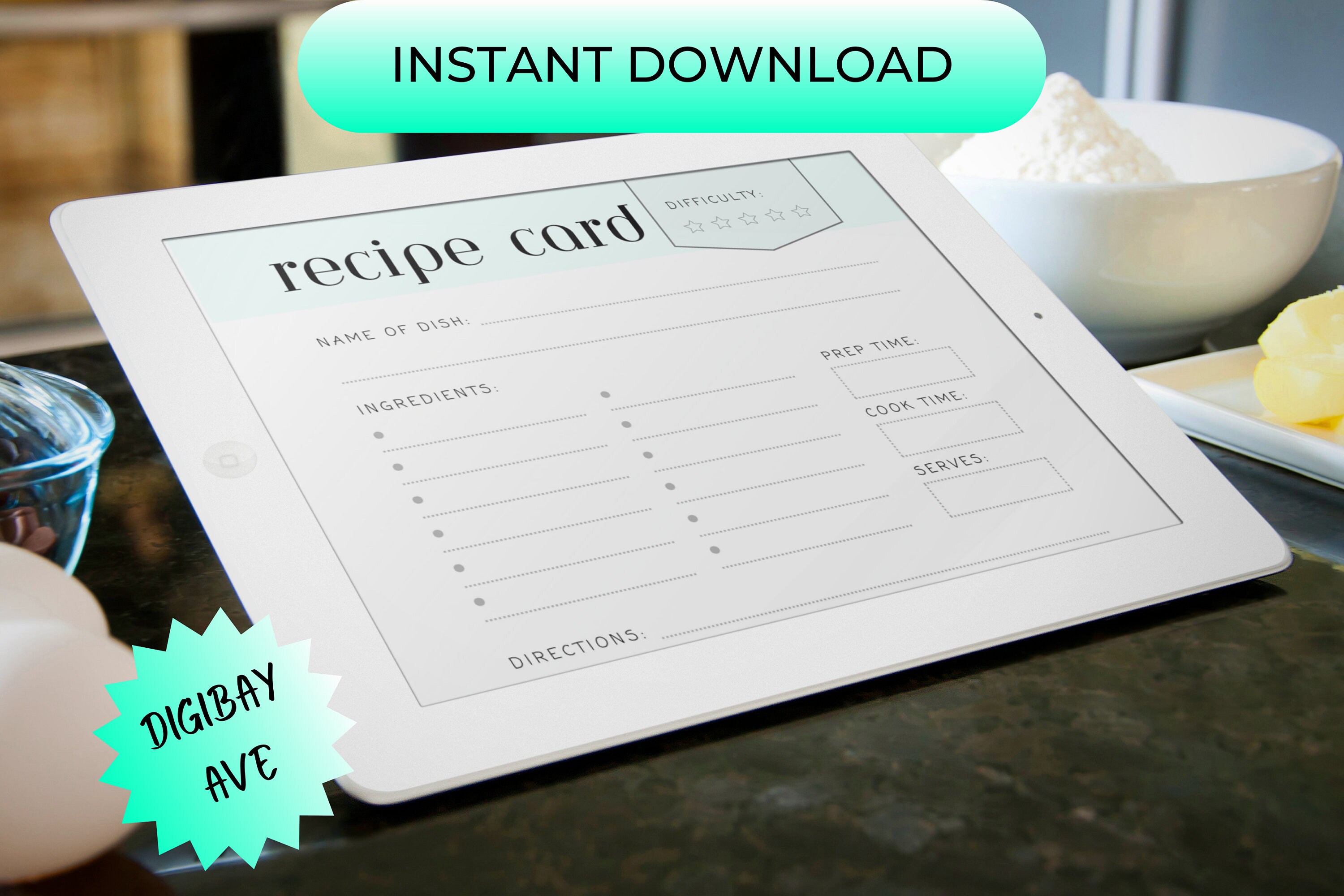 Recipe Card Template, Recipe Card Digital Download, Cookbook Template ...