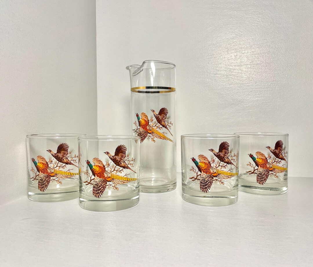 Vintage Mid Century Pheasant in Flight Pitcher and Water Glasses : SET ...