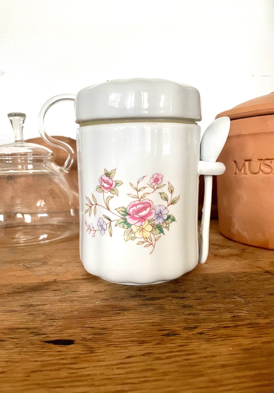 Vintage 1988 FTDA Porcelain Pink and Purple Floral Canister With ...