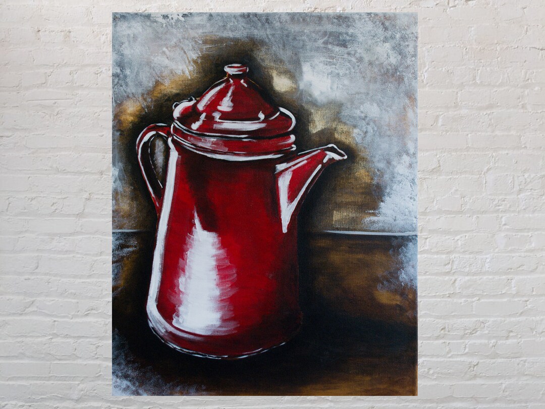 Vintage Red Coffee Pot Painting: Original Acrylic Still Life Art - Etsy