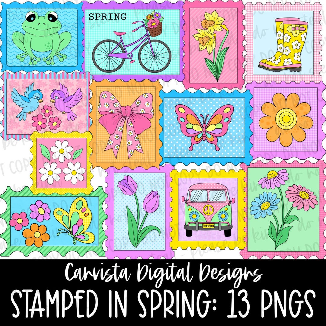 Spring Stamp Clipart PNG – Plaid Flowers, Bike, Stamp Collection – 13 ...