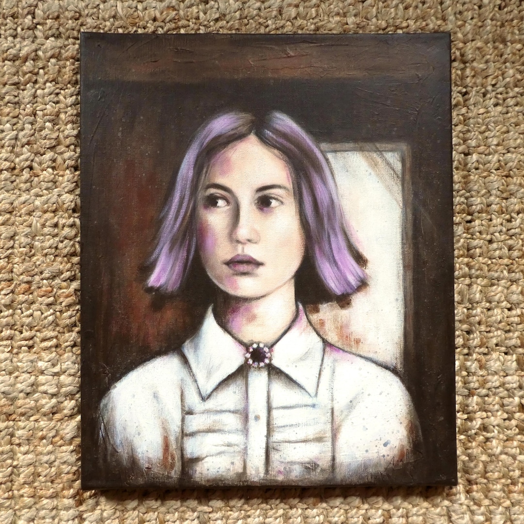 Portrait Painting of a Young Girl With Pink Hair, Wearing a Demure ...