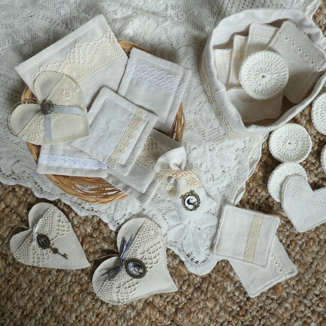 Old French Linen and Lace Home Decor Lavender Hearts Teapot Mats and ...