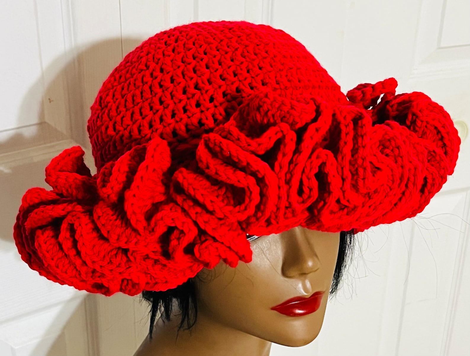 Crochet Ruffle Hat in Bold Red Made by Doycreations7 Jeanette - Etsy