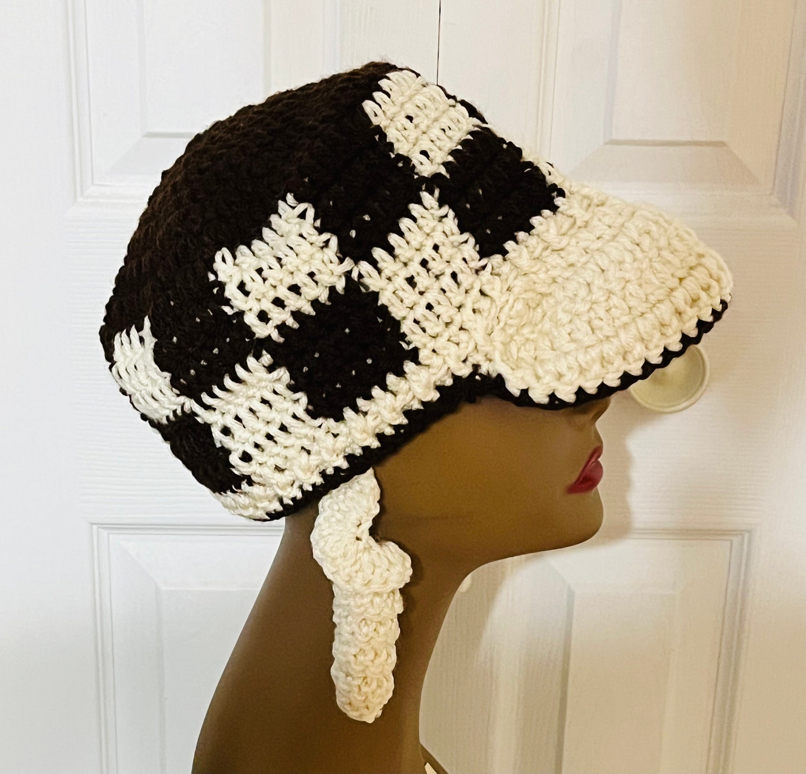 Crochet Checker Hat With A Brim With Matching Earrings Handmade by ...