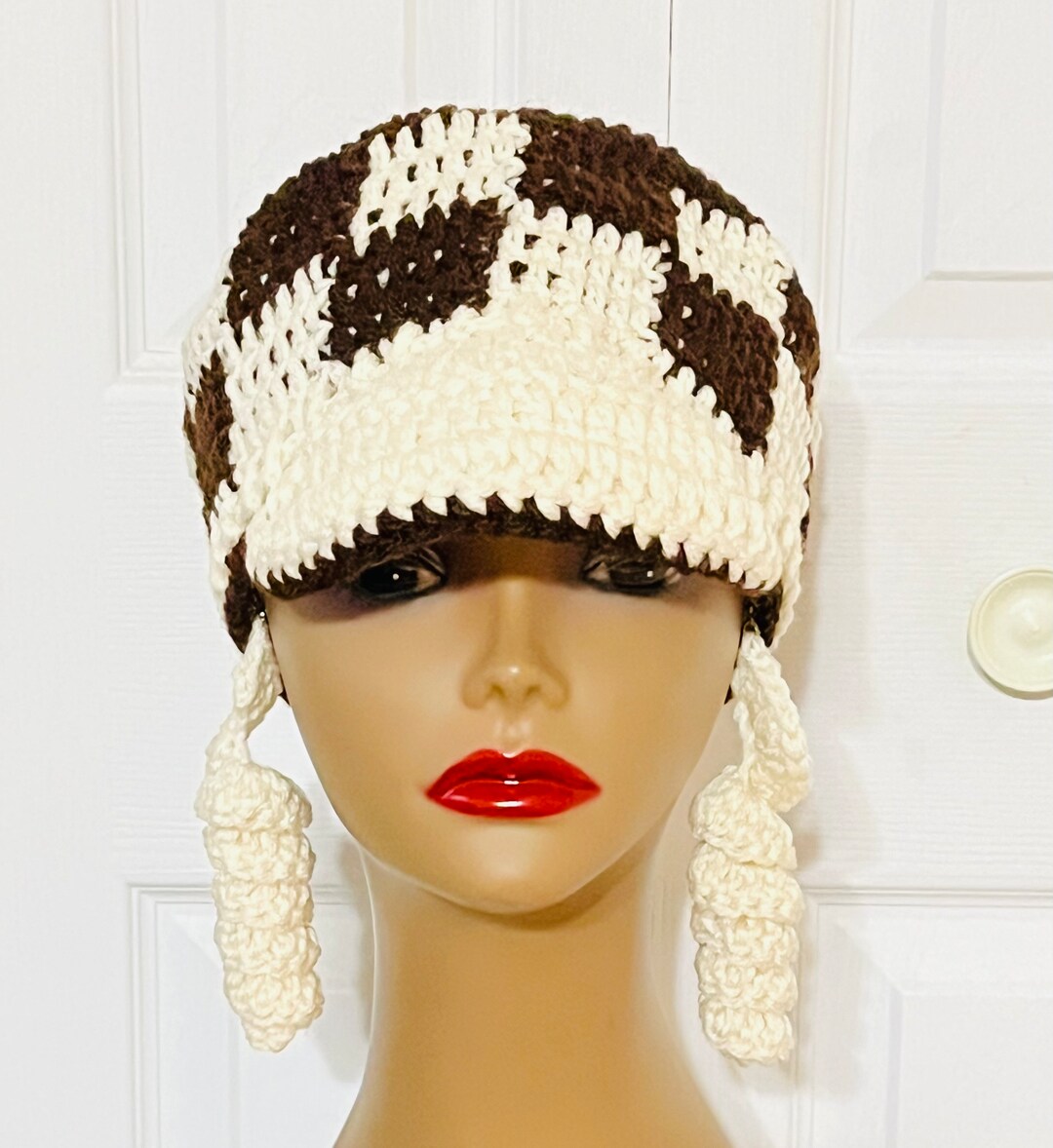 Crochet Checker Hat With A Brim With Matching Earrings Handmade by ...
