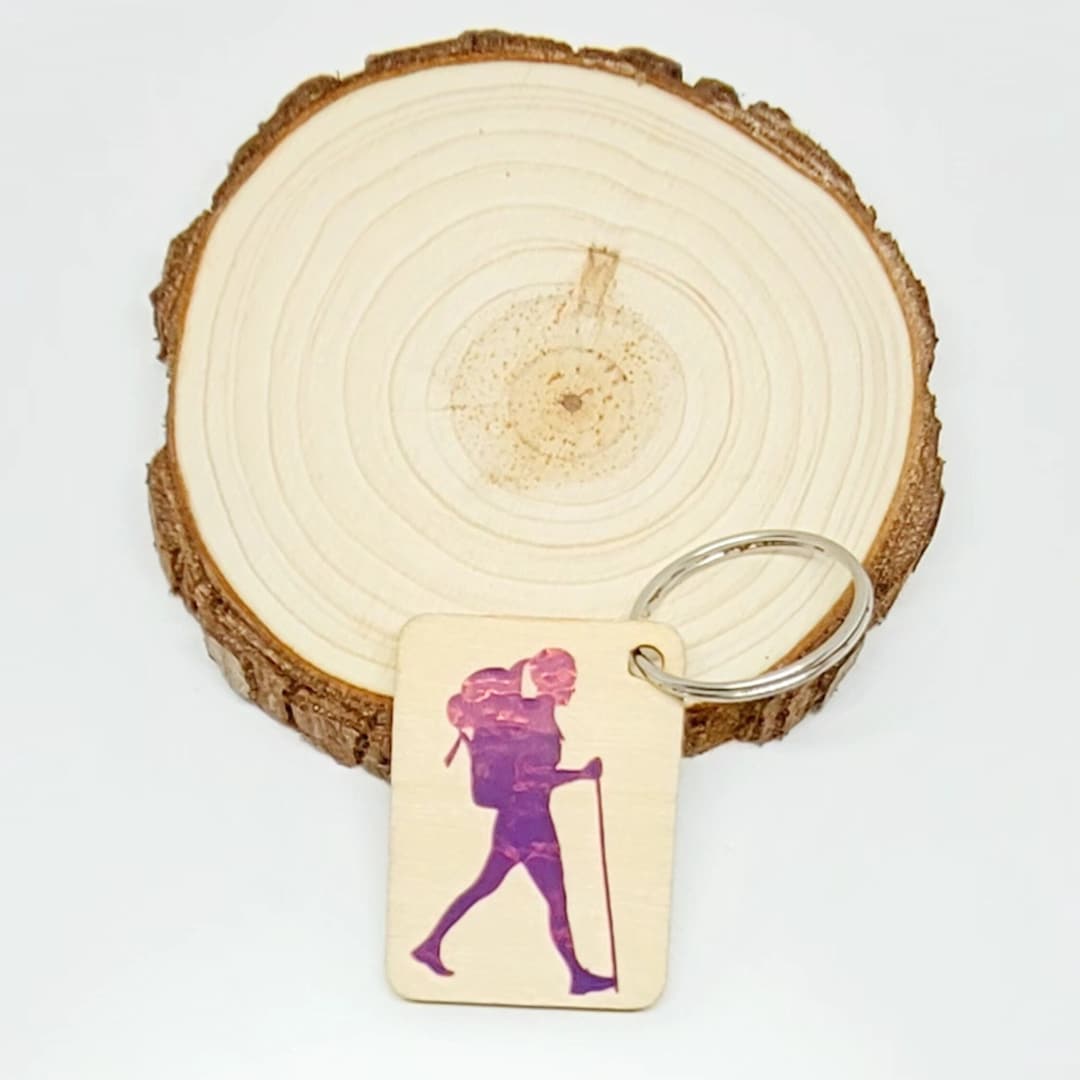 Girl Hiking Keychain, Cute Wood Keyring, Adventure Gift, Camper Gift ...