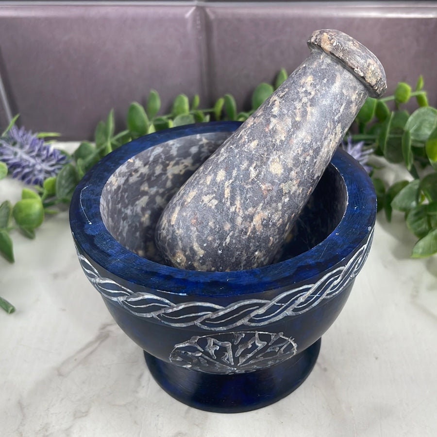 Blue Mortar and Pestle Set, Tree of Life Soapstone Mortar and Pestle Kitchen Witch Wiccan Altar ...
