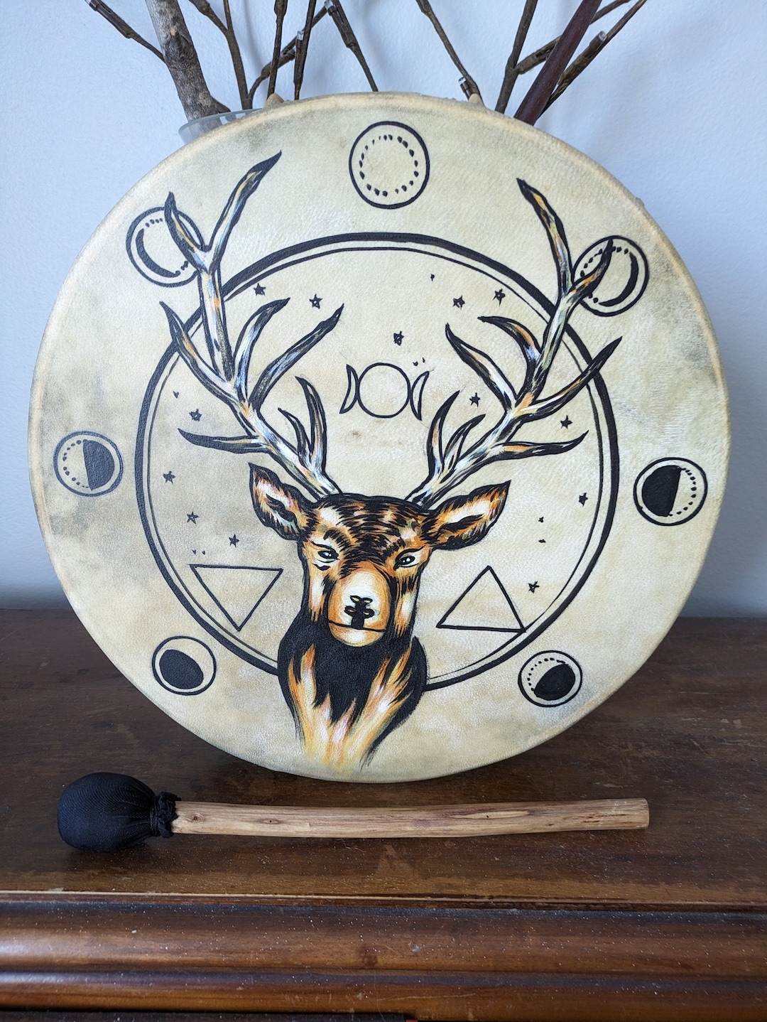 Shamanic Pagan 11.5" Stag Moon Phase Drum Made in Bali, Goathide ...
