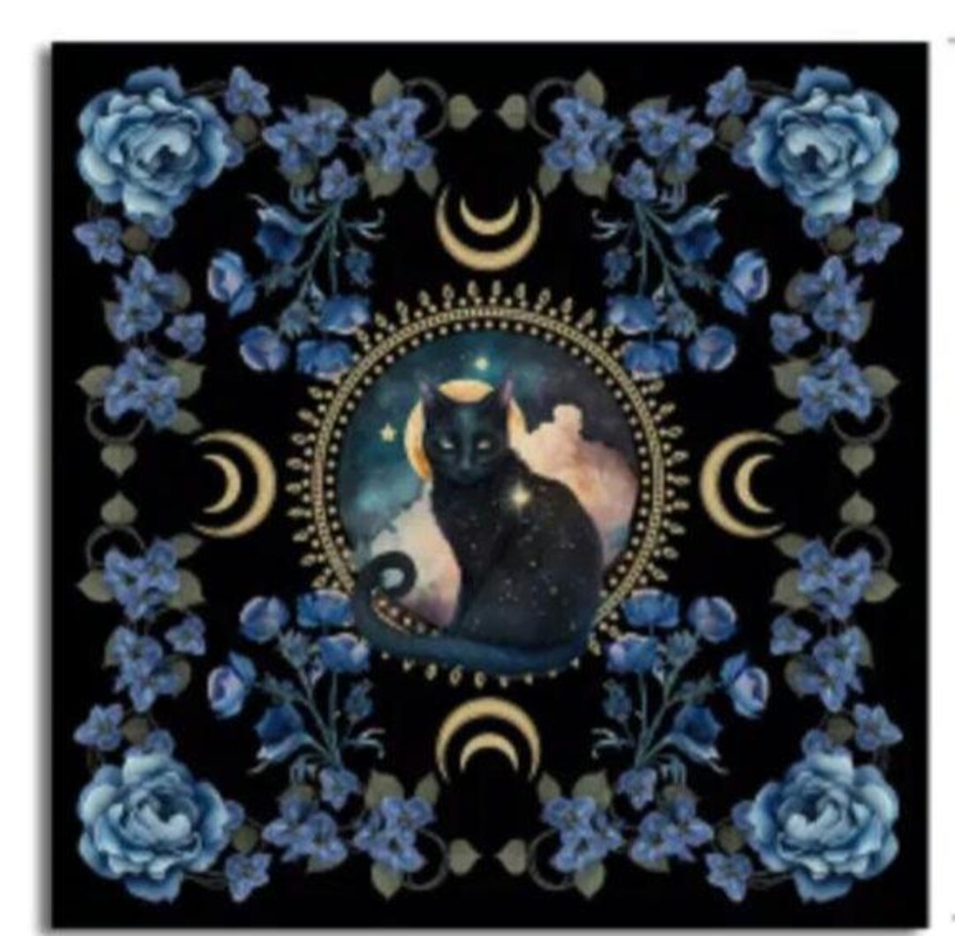 Altar Cloth Mystical Cat Blue Flowers Altar Cloth Golden Accents, Tarot ...