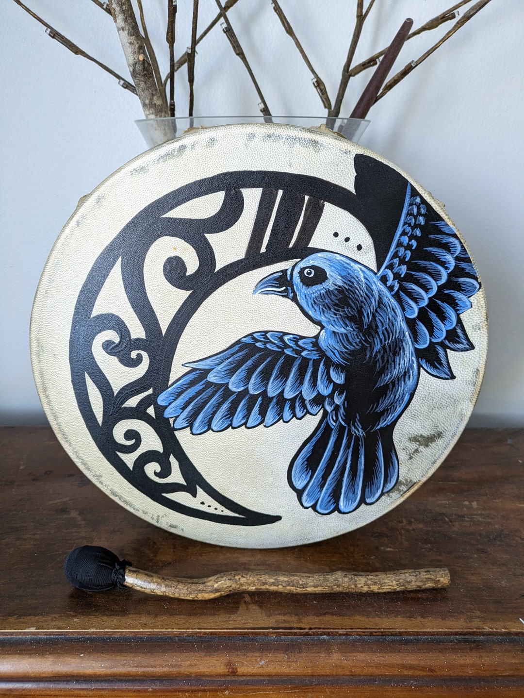 Shamanic Pagan 12" Moon and Raven Drum Made in Bali, Goathide ...