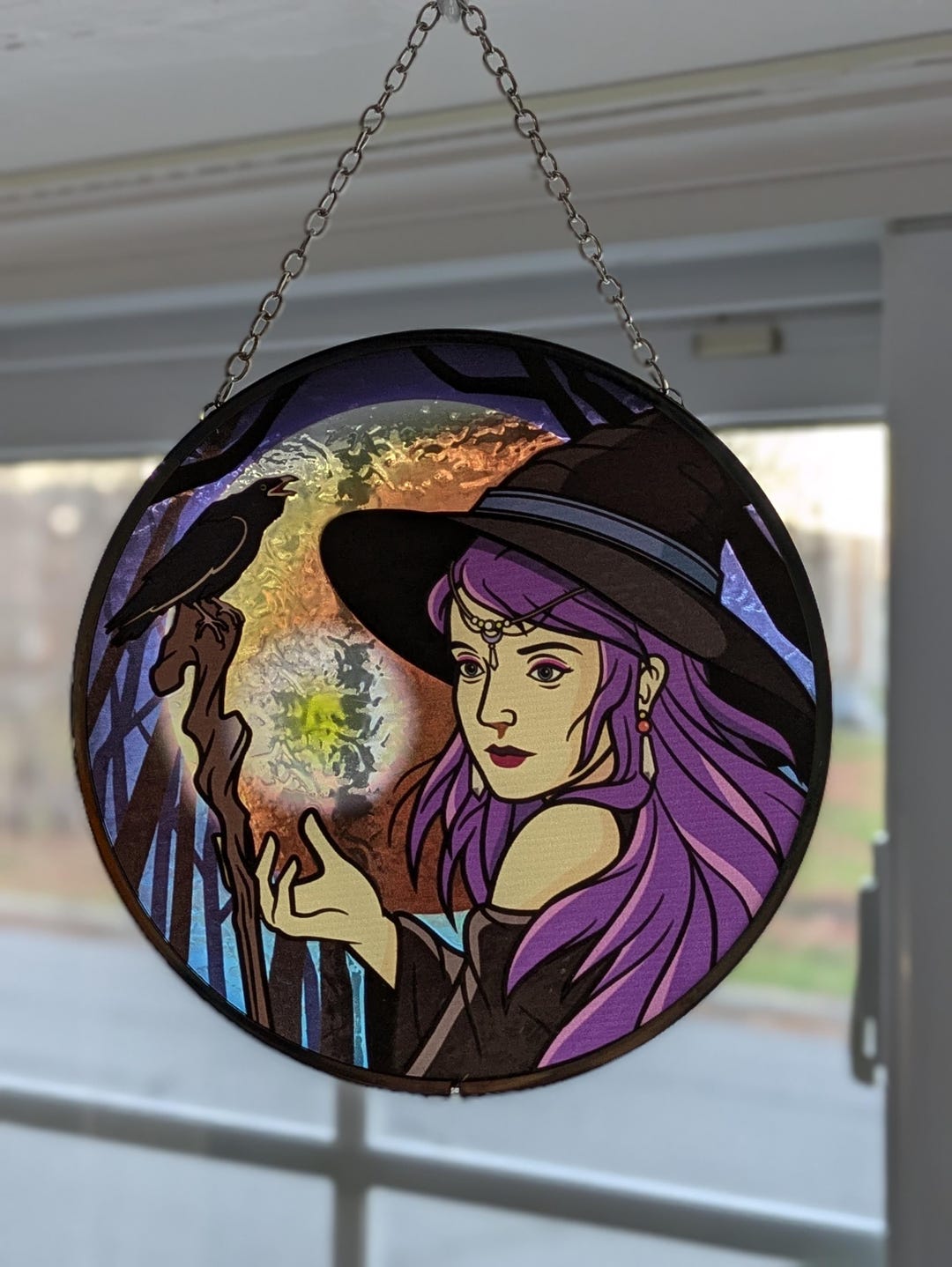 Witch Suncatcher, Stained Glass Look Suncatcher 6", Hanging Witch and ...
