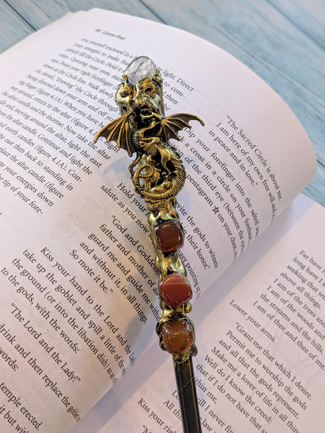 Magick Wand Clear Quartz Gold Dragon Talisman 12.5", Crystal Ritual ...