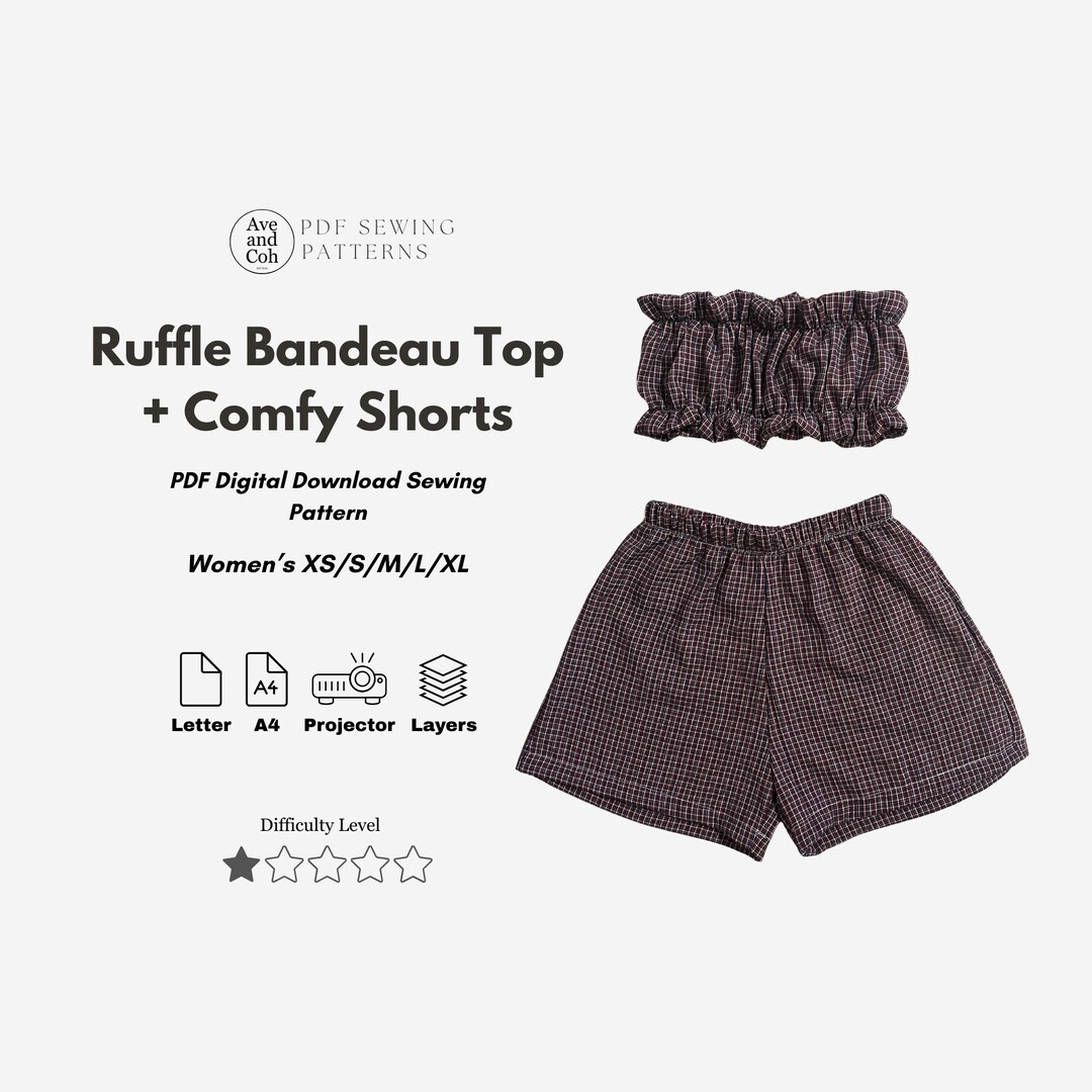 Women's Ruffle Bandeau Top and Comfy Shorts Sewing Pattern PDF Digital ...
