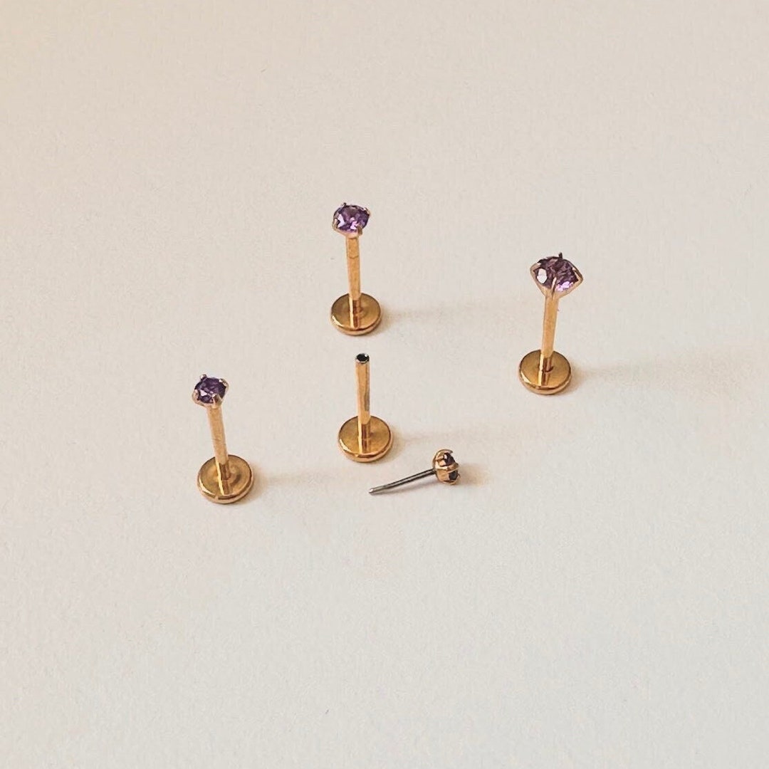 Purple CZ Push Pin Labret Stud: 16G/18G/20G Threadless Tragus Piercing ...