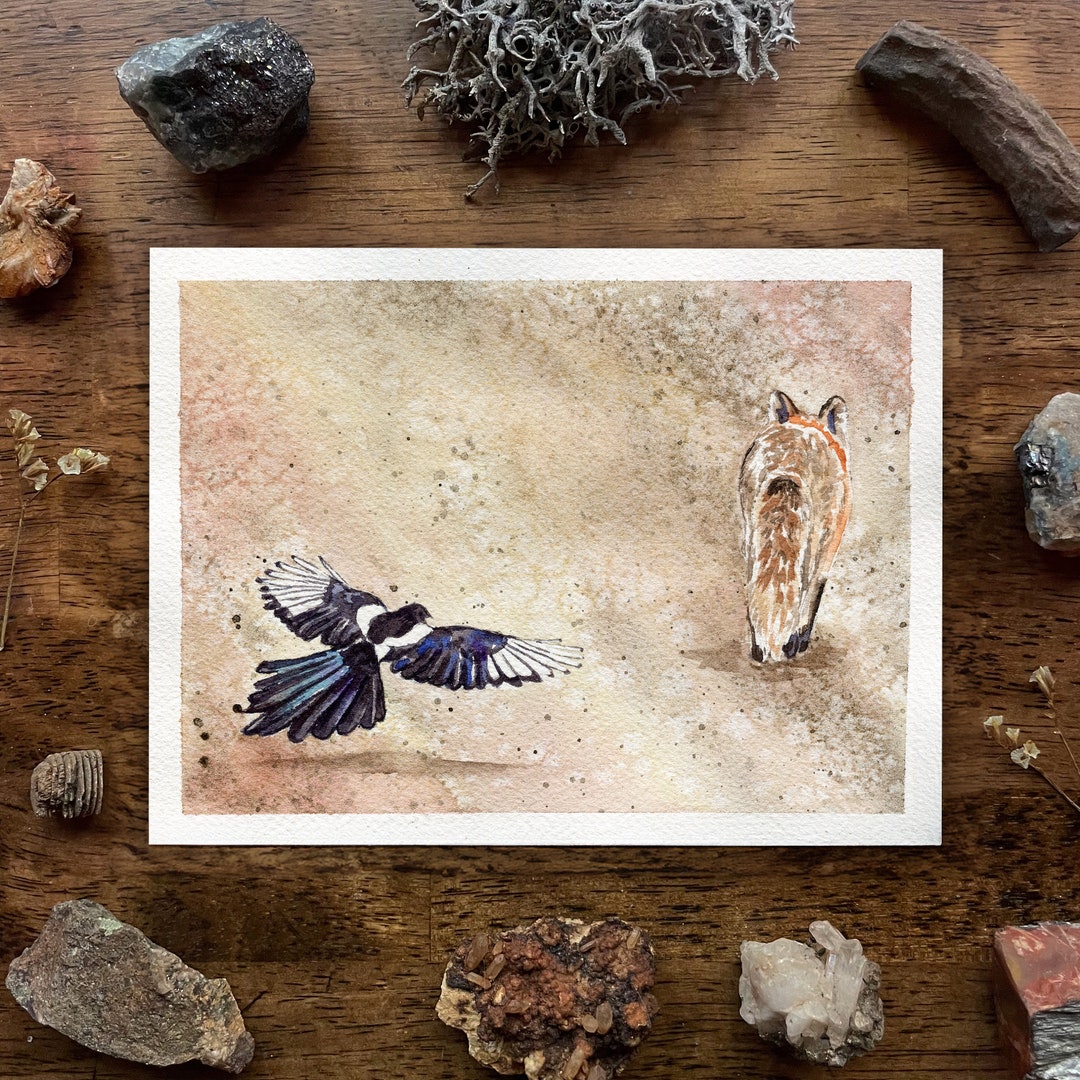 Watercolor Red Fox & Magpie Painting: Desert Wildlife Art (6x8) - Etsy