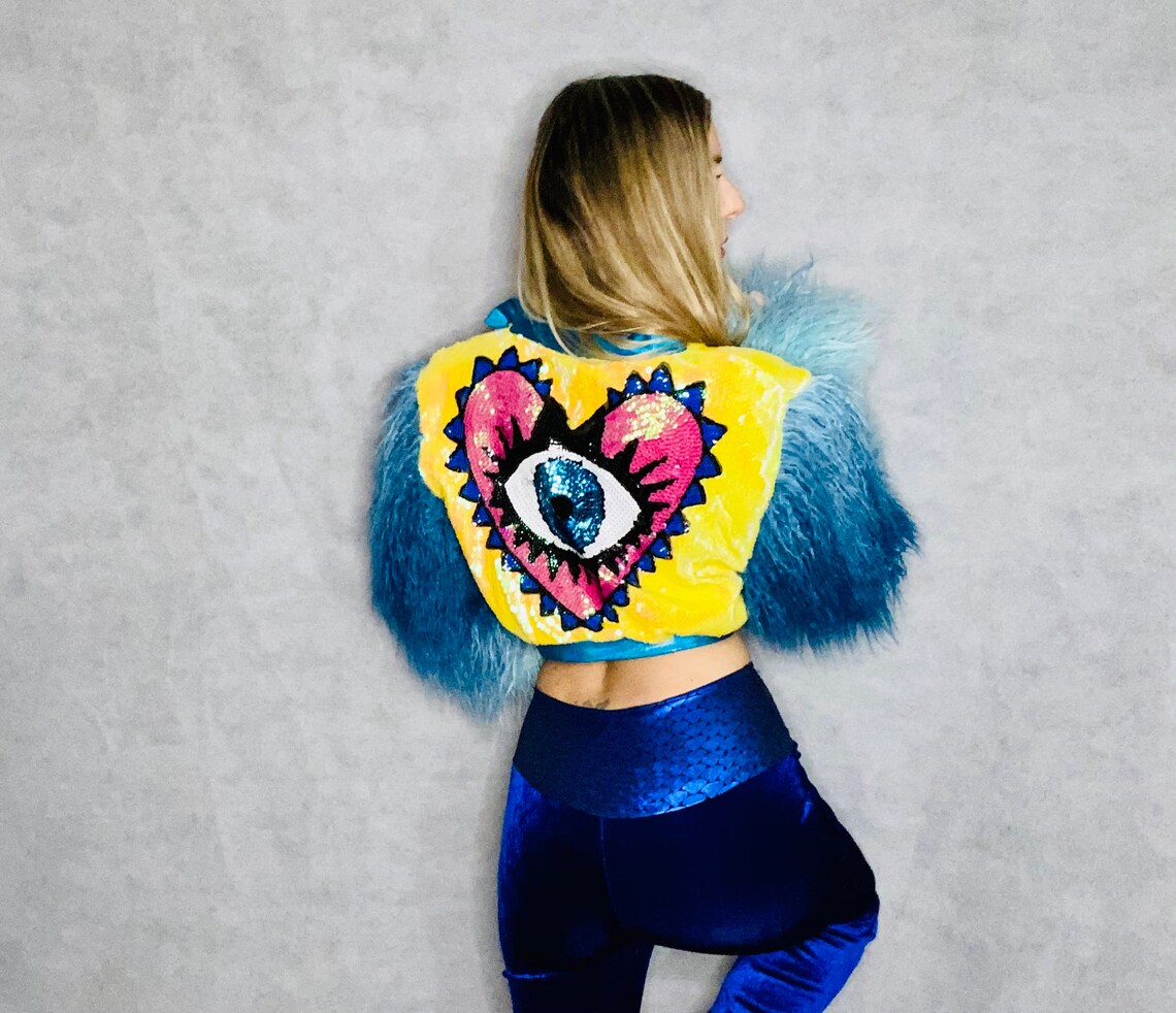 Neon Yellow Sequin & Ombre Blue Shag Fur Sparkle Crop Jacket - Etsy
