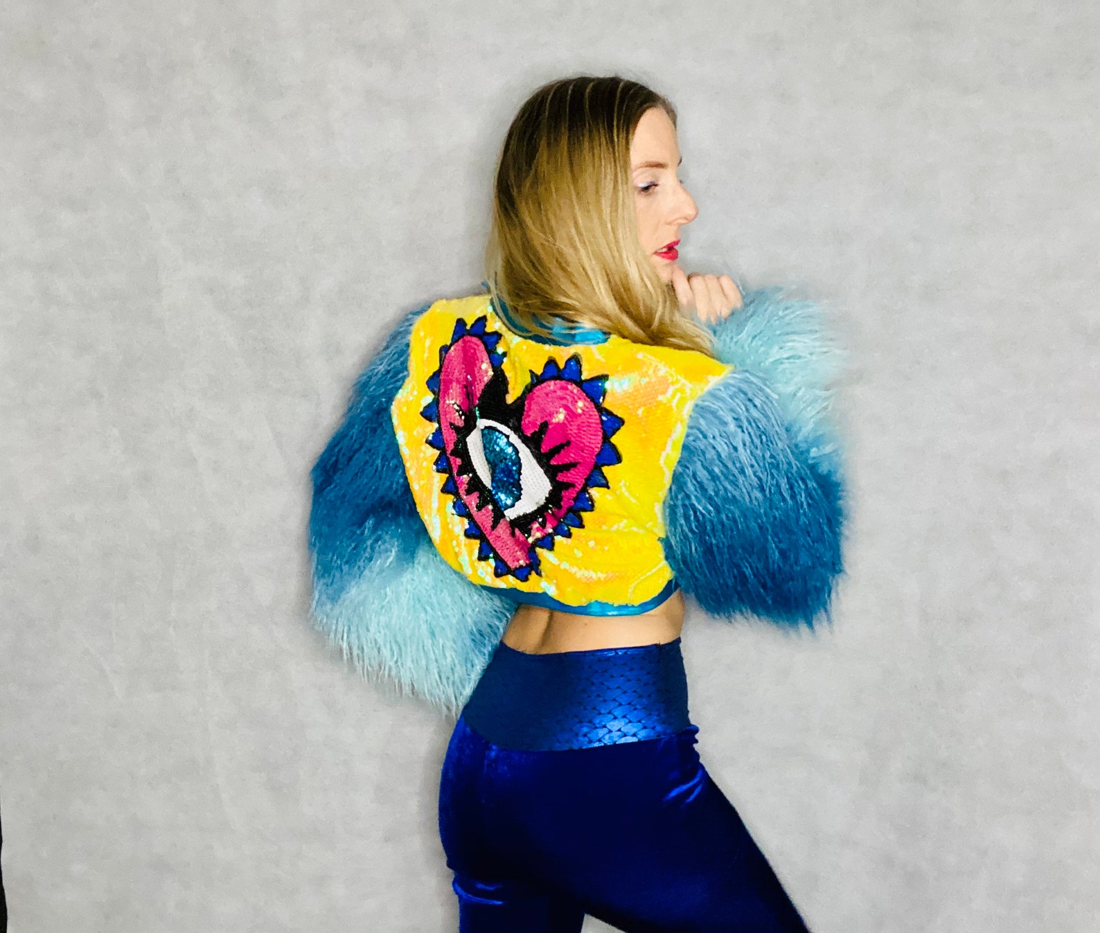 Neon yellow Sequin & Ombre blue shag Fur sparkle crop jacket | Etsy