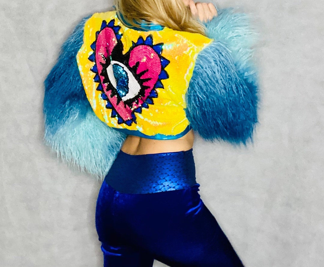 Neon Yellow Sequin & Ombre Blue Shag Fur Sparkle Crop Jacket Waist ...
