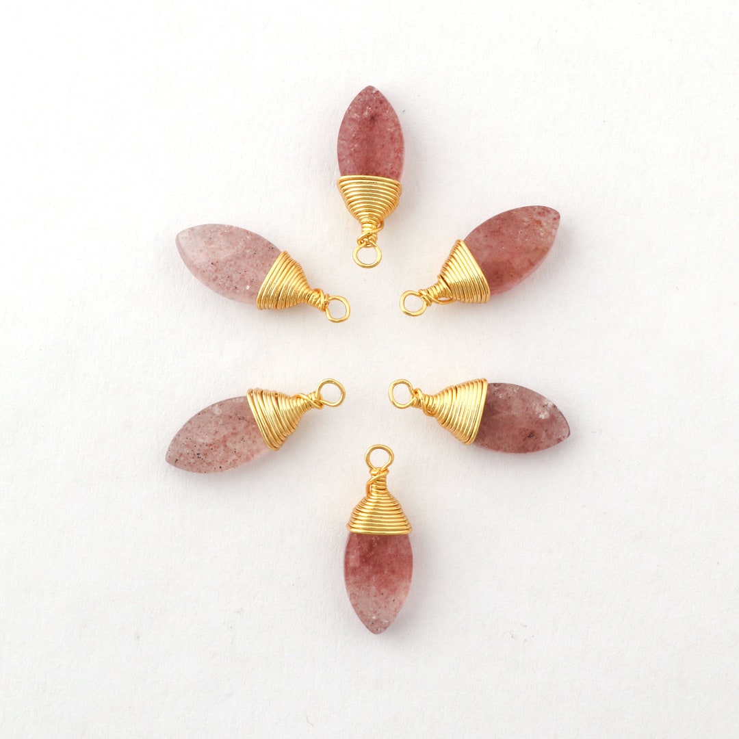 Handmade Strawberry Quartz Connector: Gold Plated Wire Wrap Marquise ...